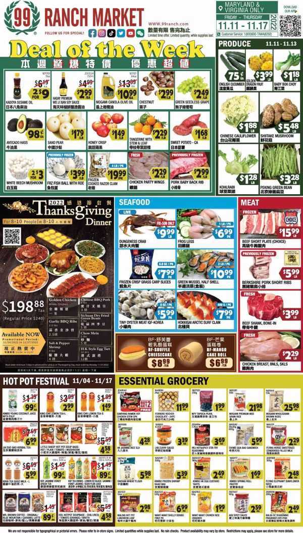 99 Ranch Market (10, MD) Weekly Ad Flyer Specials November 11 to ...
